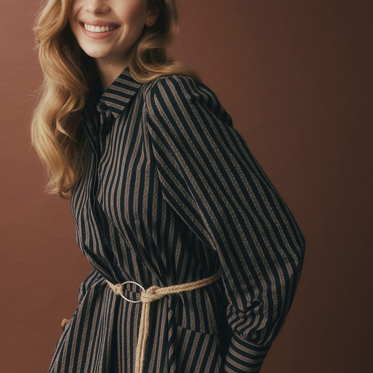 Jade Dress - Bark Stripe | Organic Cotton Blend Midi Dress | Textured A ...