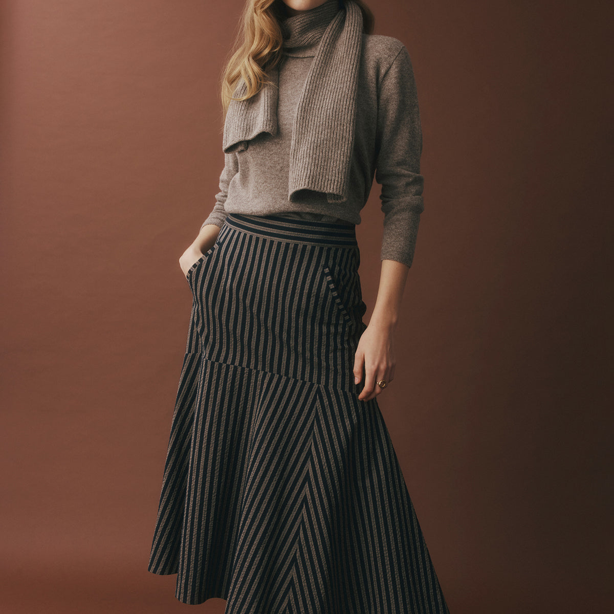 Alda Skirt - Bark Stripe | Organic Cotton Blend | Mid-Calf Silhouette ...